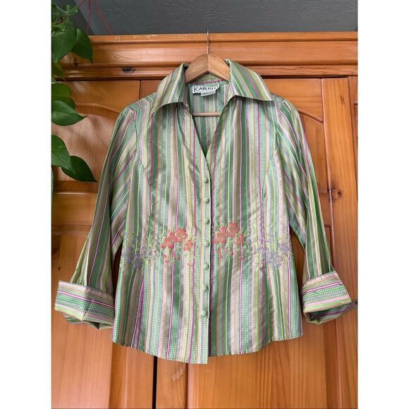 Carlisle | Tops | Carlisle0 Silk Jacket Top Green Pink Stripe Floral ...
